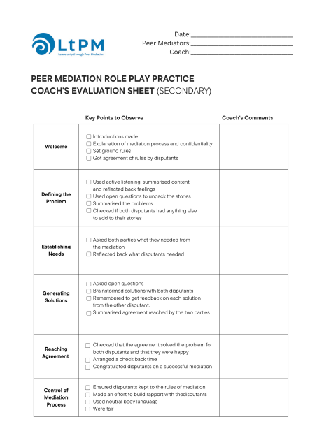 Secondary Peer Mediation Role Play Practice – Coach’s Evaluation Sheet ...